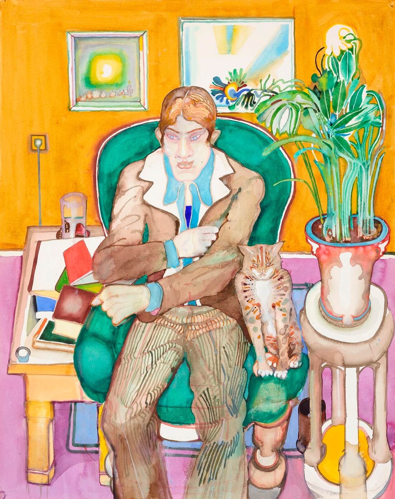 Man and cat in sitting room, circa 1975 - Liss Llewellyn