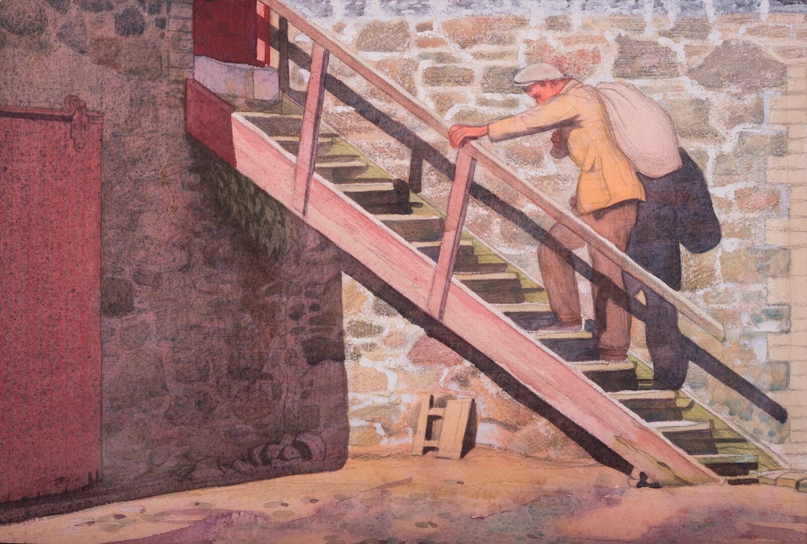 Man carrying a sack over his shoulder, ascending the steps of a barn ...